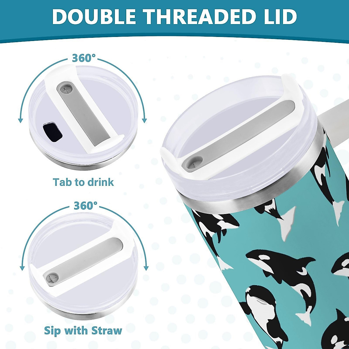 KEEPREAL 40 oz Killer Whale Pattern Tumbler with Handle, Insulated Sports Water Bottle with Lid and Straw, Thermal Stainless Steel Travel Coffee Mug Cup
