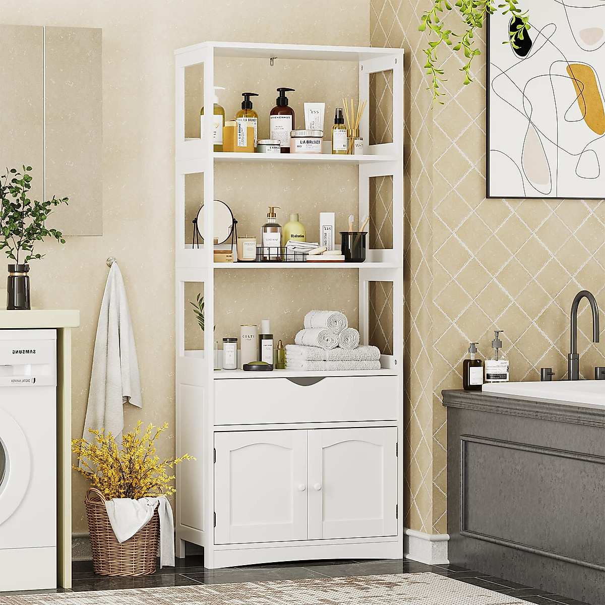 Kitchen Pantry Storage Cabinets Freestanding Tall Bathroom with Shelves and Drawer 64''H Sideboard Storage Cabinet with Microwave Space Cupboard Storage Organizer for Home Office,White