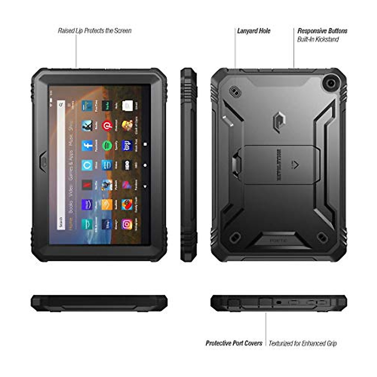 Poetic Revolution Case Designed for All-New Kindle Fire HD 8 Tablet and Fire HD 8 Plus Tablet (10th Gen, 2020), Full Body Shockproof Protective Case with Kickstand and Built-in-Screen Protector, Black