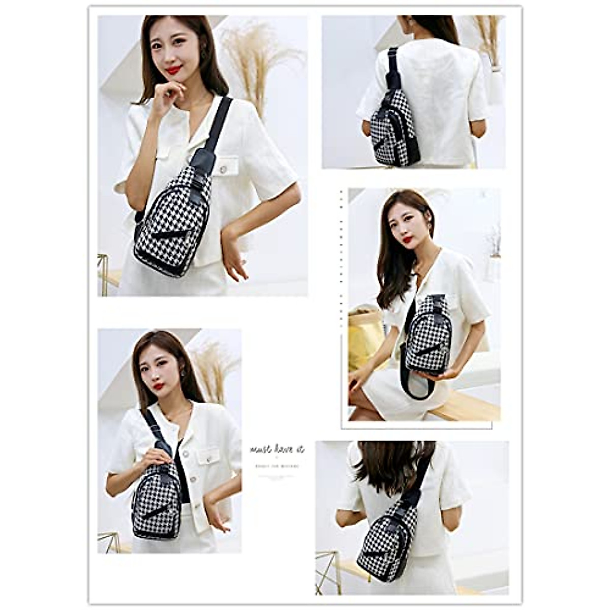 DAISHA Houndstooth canvas Casual Sling Backpack Multi-pocket,Travel Hiking Chest Bag Crossbody Daypack for Men & Women., Black, ytt3717