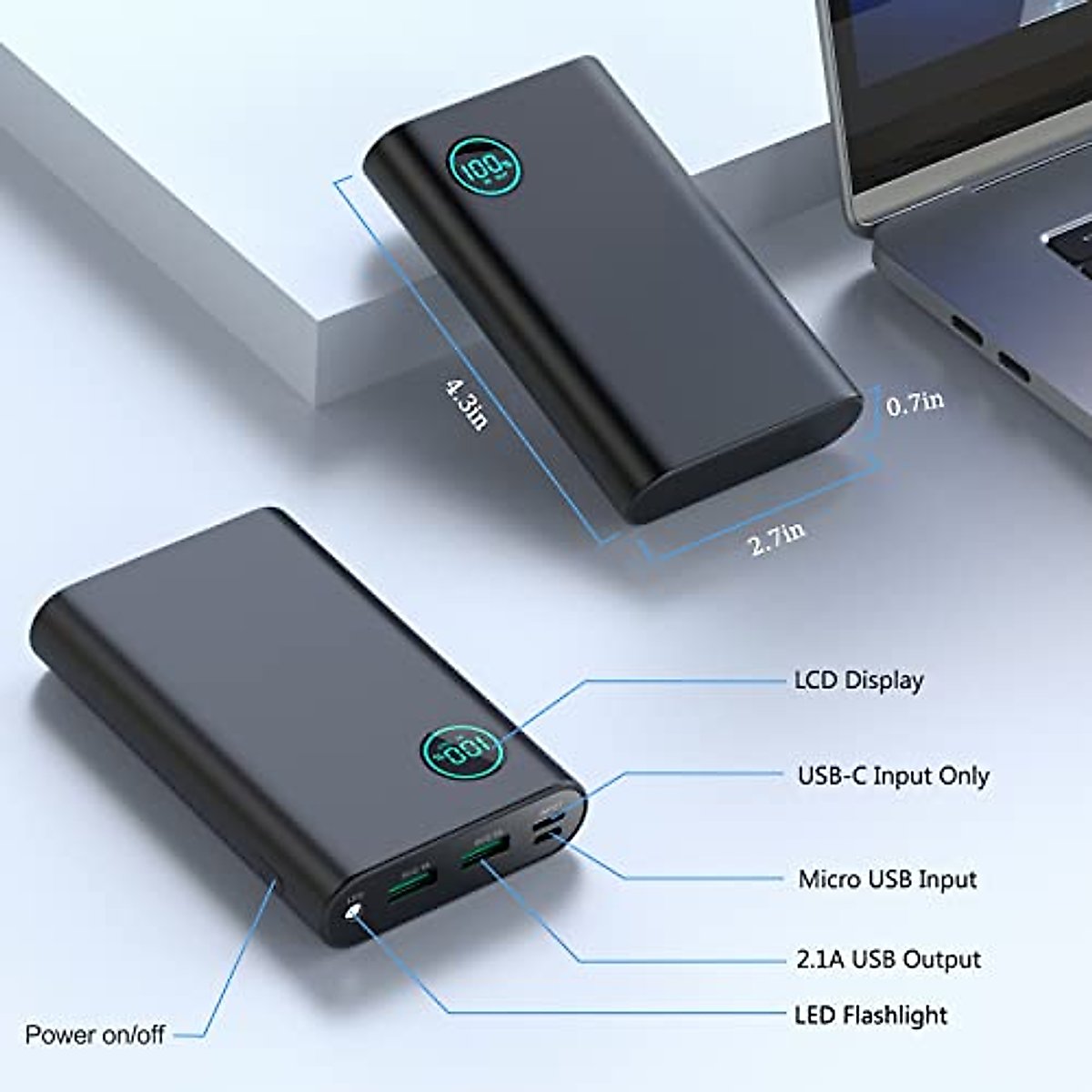 Portable Charger 10800mAh, Smallest LED Display Power Bank, Dual Output USB C Input High-speed Charging Battery Pack with Flashlight Compatible with iPhone 13 12 11 Pro Max X Samsung Galaxy iPad