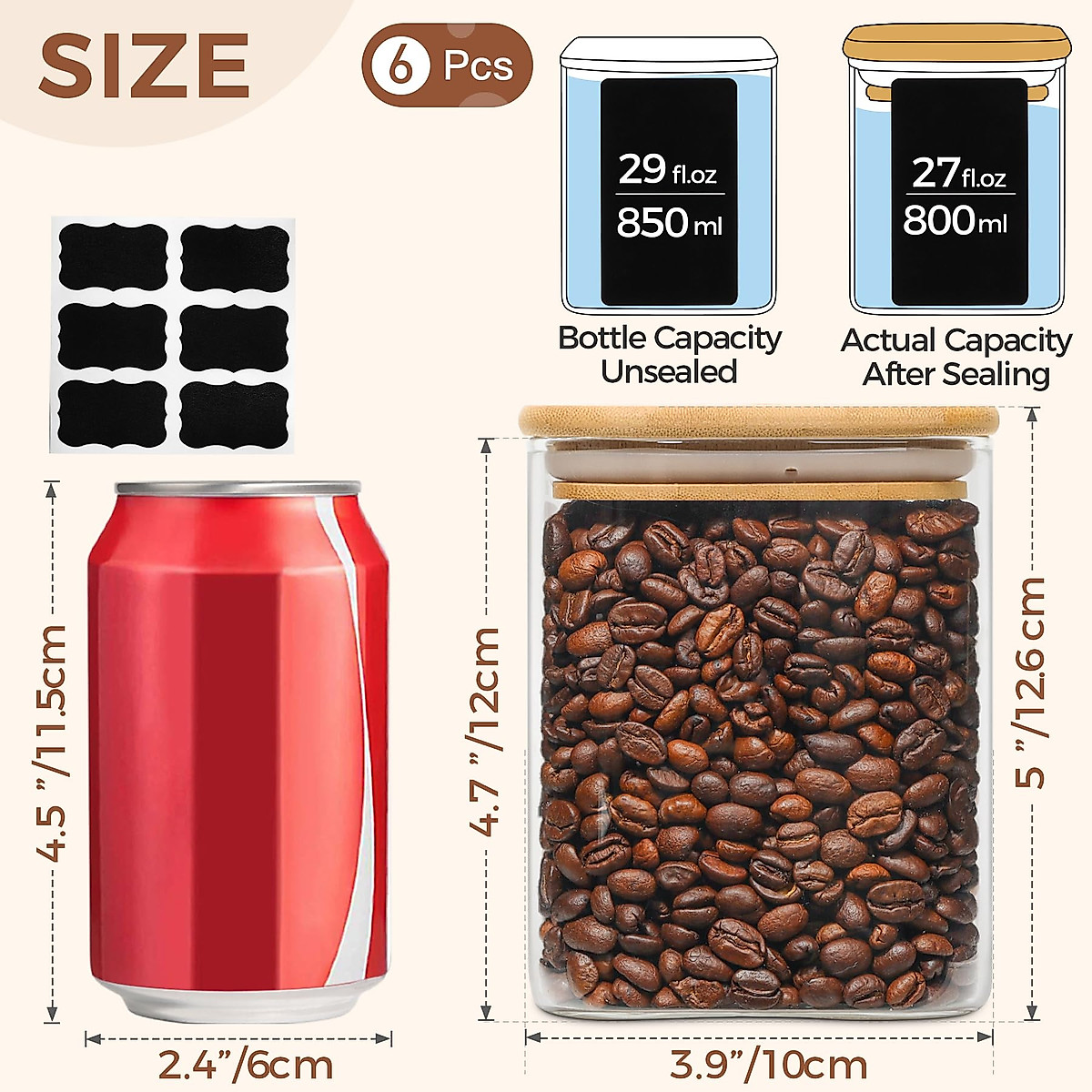 ComSaf 27 oz Glass Food Storage Jars Set of 6, Clear Storage Containers with Airtight Bamboo Lid, Pantry Organization Jar, Spice, Blooming Tea, Coffee and Sugar Container, Canister Set for Kitchen