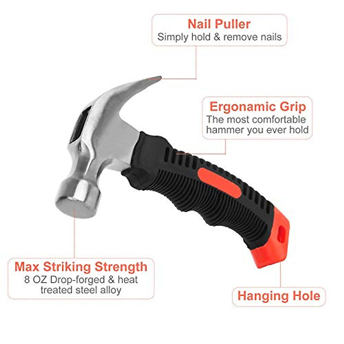 LISHINE 8 Oz Stubby Claw Hammer, 4 Pack Small Claw Hammer with Mini Handle, Nail Hammer Tools, Small Hammer for Household Work and Outdoor Camping