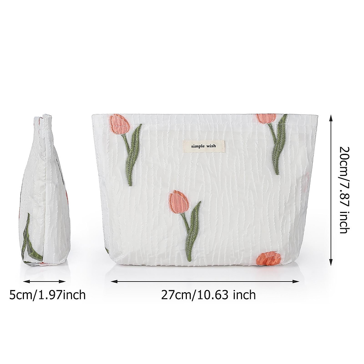 Sightor Aesthetic Makeup Bag, Large Capacity Cosmetic Bag Canvas Floral Makeup Bag, Travel Pouch Make Up Purse Toiletry Storge Bag for Women (White Tulip)