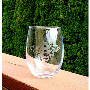 Etched bee wine glass, 15 oz. wine glass, stemless wine glass, honey bee gift, save the bees, bee glass, etched wine glass, nature lover gift, wine gift