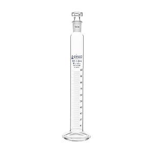 EISCO Graduated Cylinder, 100mL - Class B - 19/26 Polypropylene Stopper - Round Base, Blue Graduations - Borosilicate Glass