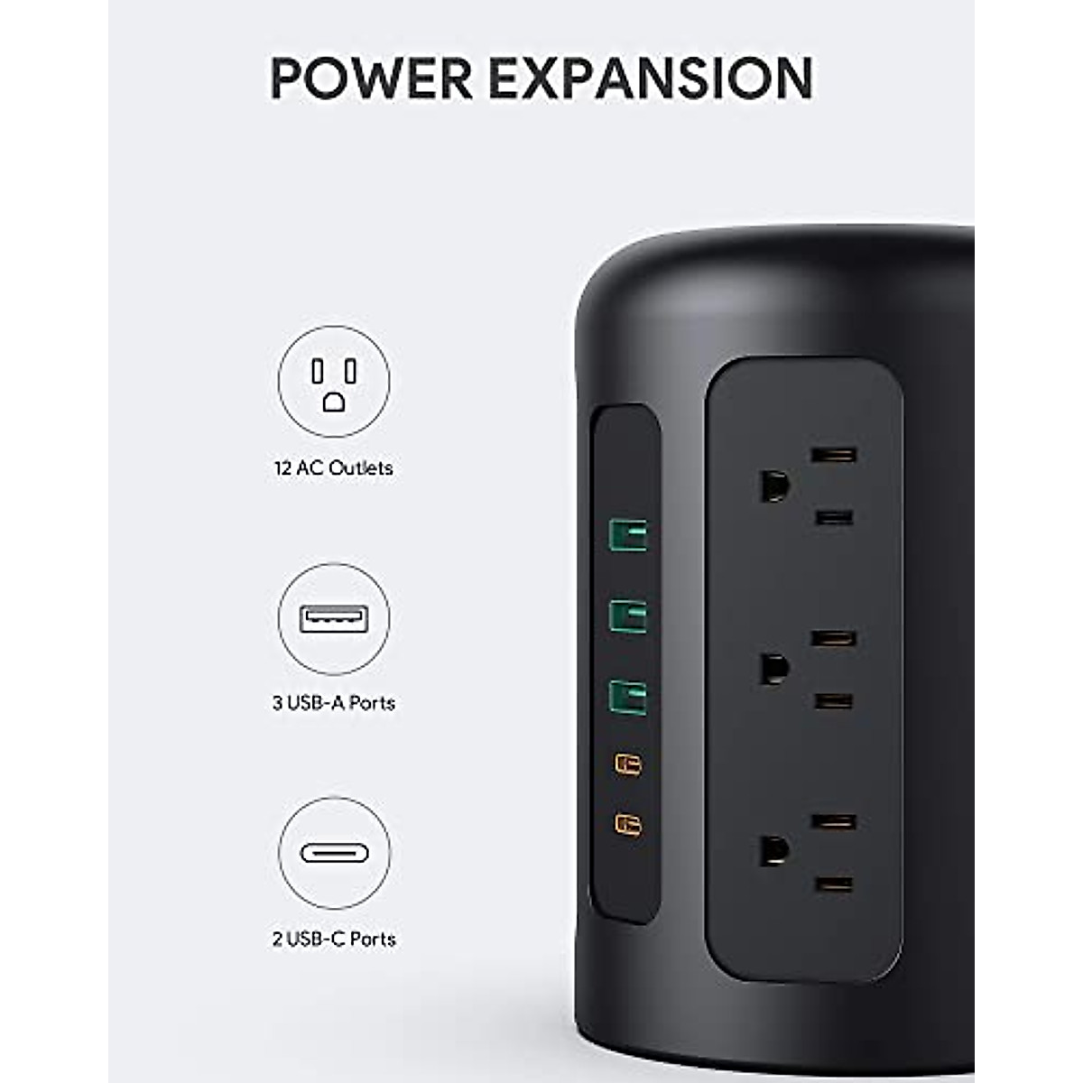 20W USB C Power Strip Tower with 12 AC Outlets, 1500J Surge Protectors, Charging Station for iPhone 14/13 Series, 5FT Extension Cord with Multiple outlets for Dorm Rooms, Home/Office Essentials, Black