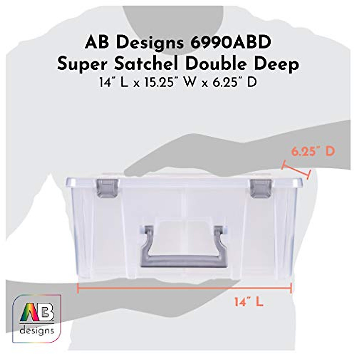 AB Designs 6990ABD Super Satchel Double Deep with Removable Dividers, Stackable Home Storage Organization Container, Clear with Sliver Latches and Handle