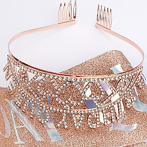 Birthday Crowns for Women, Didder Rose Gold Birthday Sash & Queen Rhinestone Tiara Kit, Tiaras and Crowns for Women Birthday Tiara for Women Girls Birthday Girl Crown for Gift Party Cake Toppers