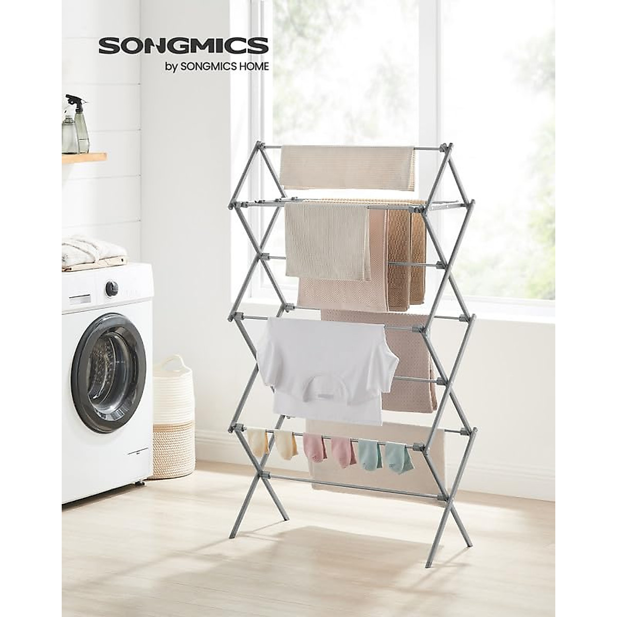 SONGMICS Foldable Clothes Drying Rack, Laundry Drying Rack, Clothes Airer, Steel Frame, 14.6 x 29.5 x 53.2 Inches, Easy Assembly, Indoor Outdoor Use, Gray ULLR770G01