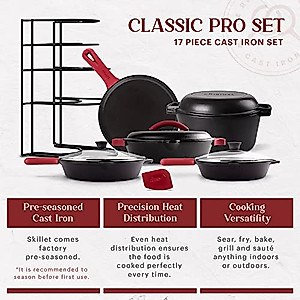 Cuisinel Cast Iron 17-Piece Preseasoned Cookware Set - 8"+10" Skillets + Lids + 5-Quart Dutch Oven + 12" Braiser with Cast Iron Lid + Round Griddle + 15" Organizer Rack + Pan Scraper + Silicone Handle