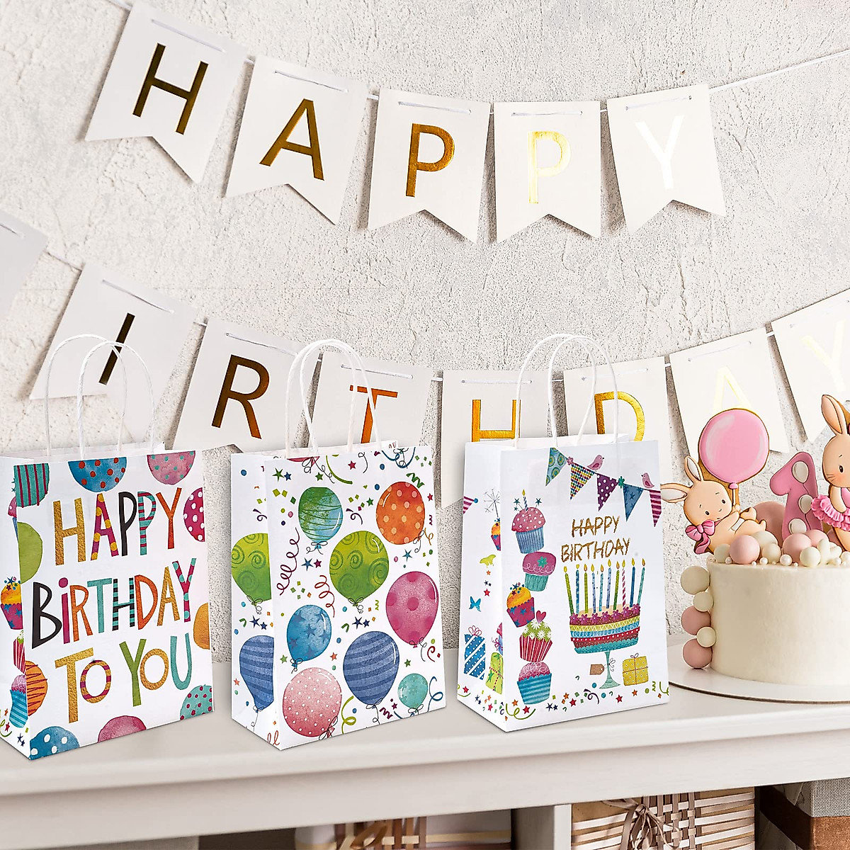 AnyDesign 12Pcs Birthday Gift Bag with Handle Colorful Happy Birthday Paper Favor Bags Watercolor Candle Balloon Cupcake Print Party Bags for Baby Shower Girls Boys Candy Cookie, 5.9 x 8.3 x 3.1 In