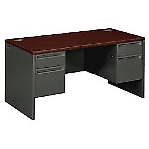 HON 38000 Series Double Pedestal Desk, 60" X 30" X 29.5", Mahogany/Charcoal