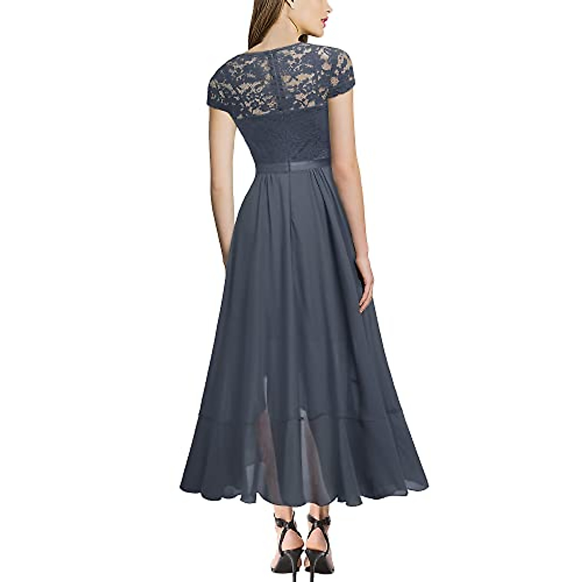 Miusol Women's V Neck Elegant Lace Ruffle Bridesmaid Maxi Dress (XX-Large, Gray)
