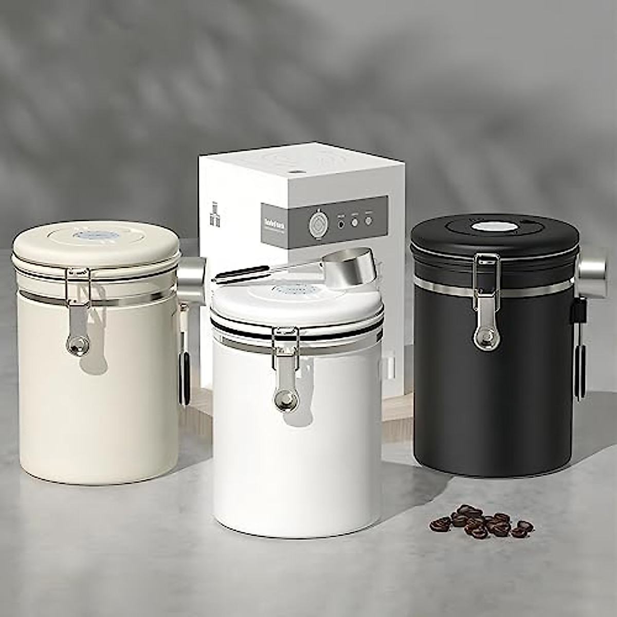 Fourmor Stainless Steel Coffee Grounds and Beans Container Canister with Date-Tracker - CO2-Release Valve and Measuring Scoop 22OZ for Grounds Coffee, Beans, Tea, Flour, Cereal, Sugar