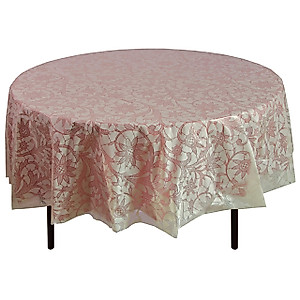 Exquisite 12 Pack Premium Round Plastic Tablecloth - Lace Design Printed Disposable Plastic Tablecloth 84 in. Round Tablecloth (White)