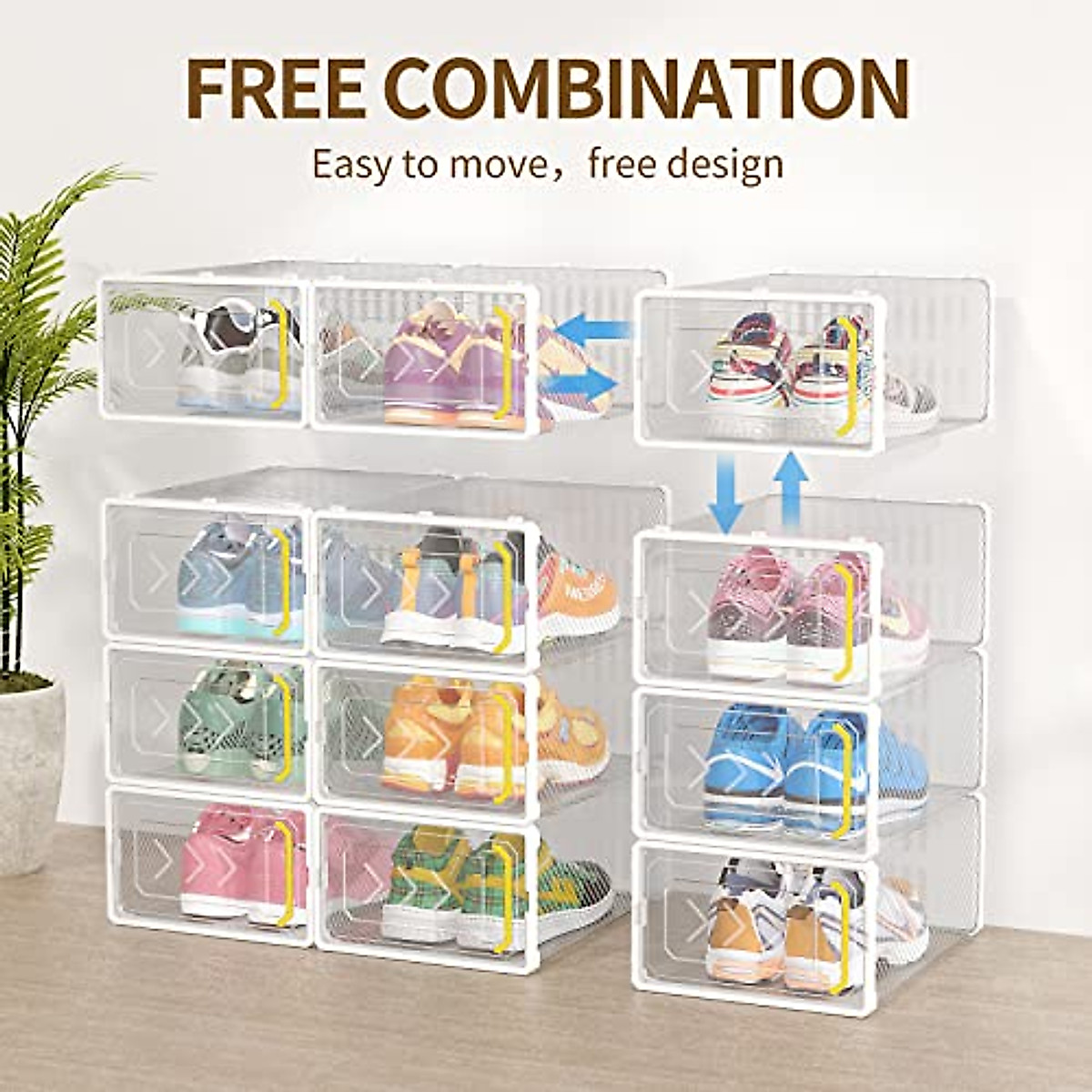 Gardace 12 Pack Shoe Storage Boxes，Clear Plastic Stackable Shoe Organizer for Closet，Foldable Shoe Rack Sneaker Container Bins Holders，with Yellow Door Handle