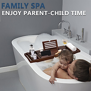 HBlife Teak Bathtub Caddy Tray Foldable Bath Table Tray with Book and Wine Glass Holder, Wooden Expandable Bathroom Accessories