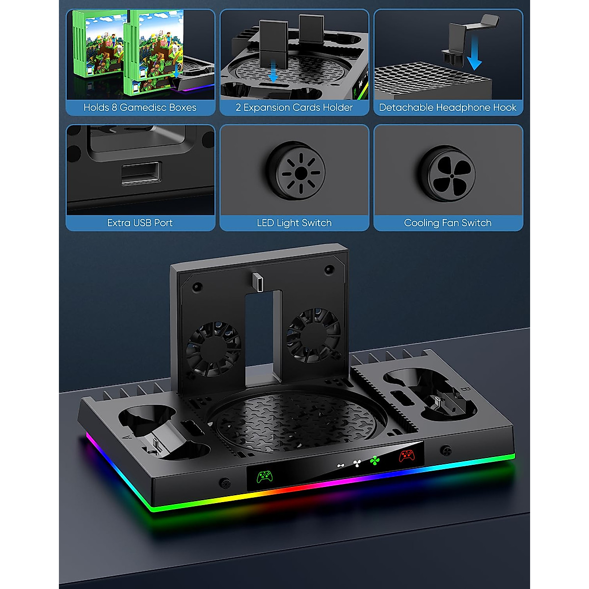 Upgrade Cooling Fan & Dual Charging Stand for Xbox Series X Console & Controller,Cooler Charger Station System for Series X with 15 RGB Lights,2 x 1400mAh Rechargeable Battery,Disc Accessories Storage