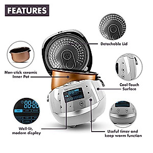 Reishunger Digital Rice Cooker and Steamer, Black, Timer - 8 Cups - Premium Inner Pot, Multi Cooker with 12 Programs & 7-Phase Technology for Brown Rice, Soups, Grains, Oatmeal & more - 1-8 People