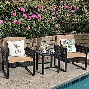 RELAX4LIFE 3-Piece Patio Furniture Set - Wicker Rattan Sofa Set, Bistro Set with Coffee Table, Seat & Back Cushions, Outdoor Conversation Set for Garden, Backyard, Poolside