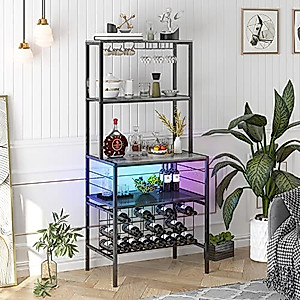 ijuicy Wine Bar Cabinet with LED Lights, Wine Rack Freestanding Floor, 4 Tier Home Bar Cabinet with Wine Storage & Glasses Holder, Wine Cabinet for Home Bar, Kitchen, Black