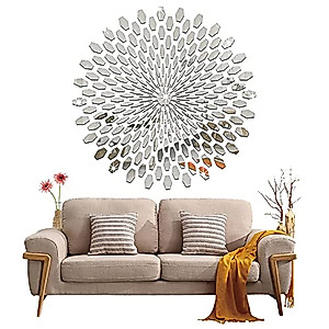 3D Sun Flower Mirror Wall Stickers Acrylic Mirror Wall Decals DIY Removable Sun Pattern Modern Mirror Surface Wall Decor for Bedroom Living Room Office TV Background Home Decoration Silver