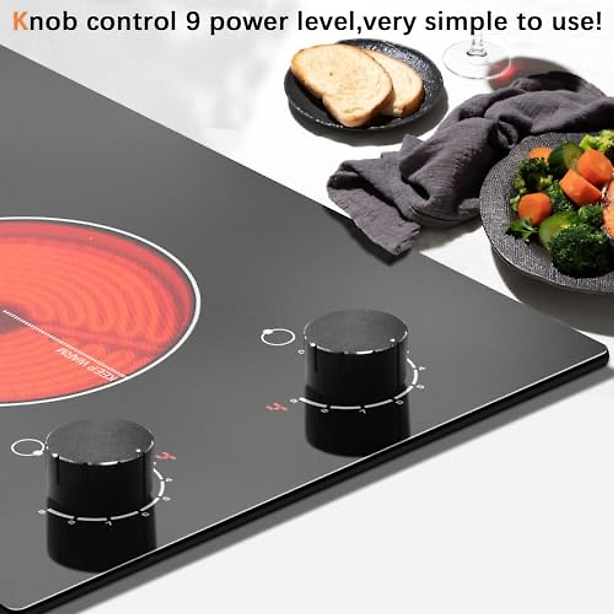 Karinear 110V Electric Cooktop 2 Burners Electric Stove 12 Inch Knob Control Countertop & Built-in Ceramic Cooktop, 9 Heating Level, Hot Warning, Over-Temperature Protection(Black Knob)