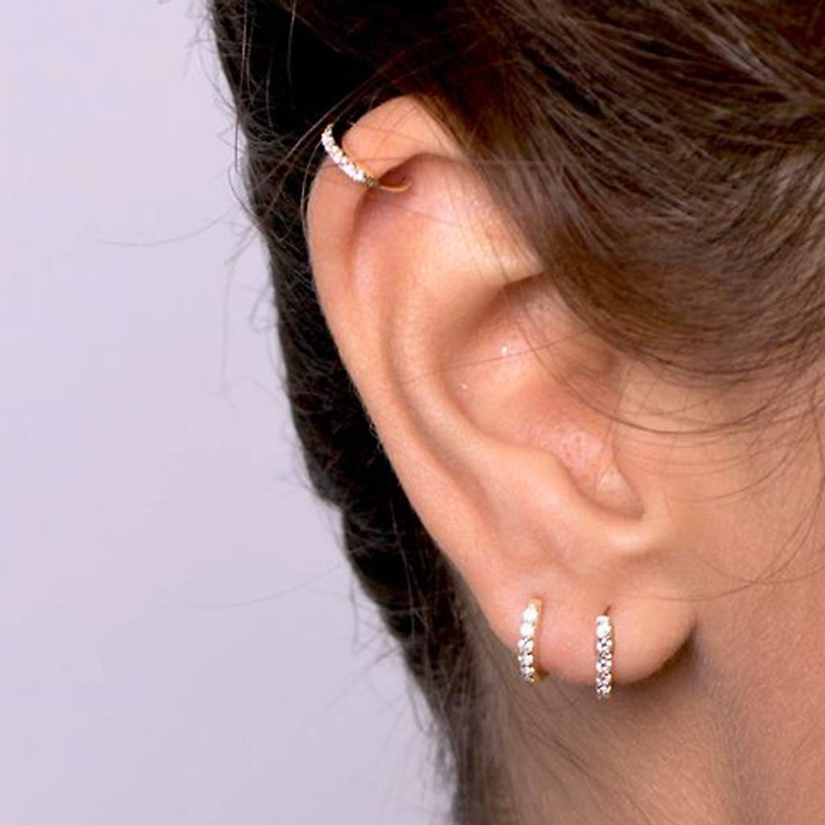 Gold Hoop Earrings for Women, 3 Pairs 8mm Small Sterling Silver Huggie Earrings | Tiny Cubic Zirconia Cartilage Cuff Earrings Hoop Piercing Jewellery for Men Teens