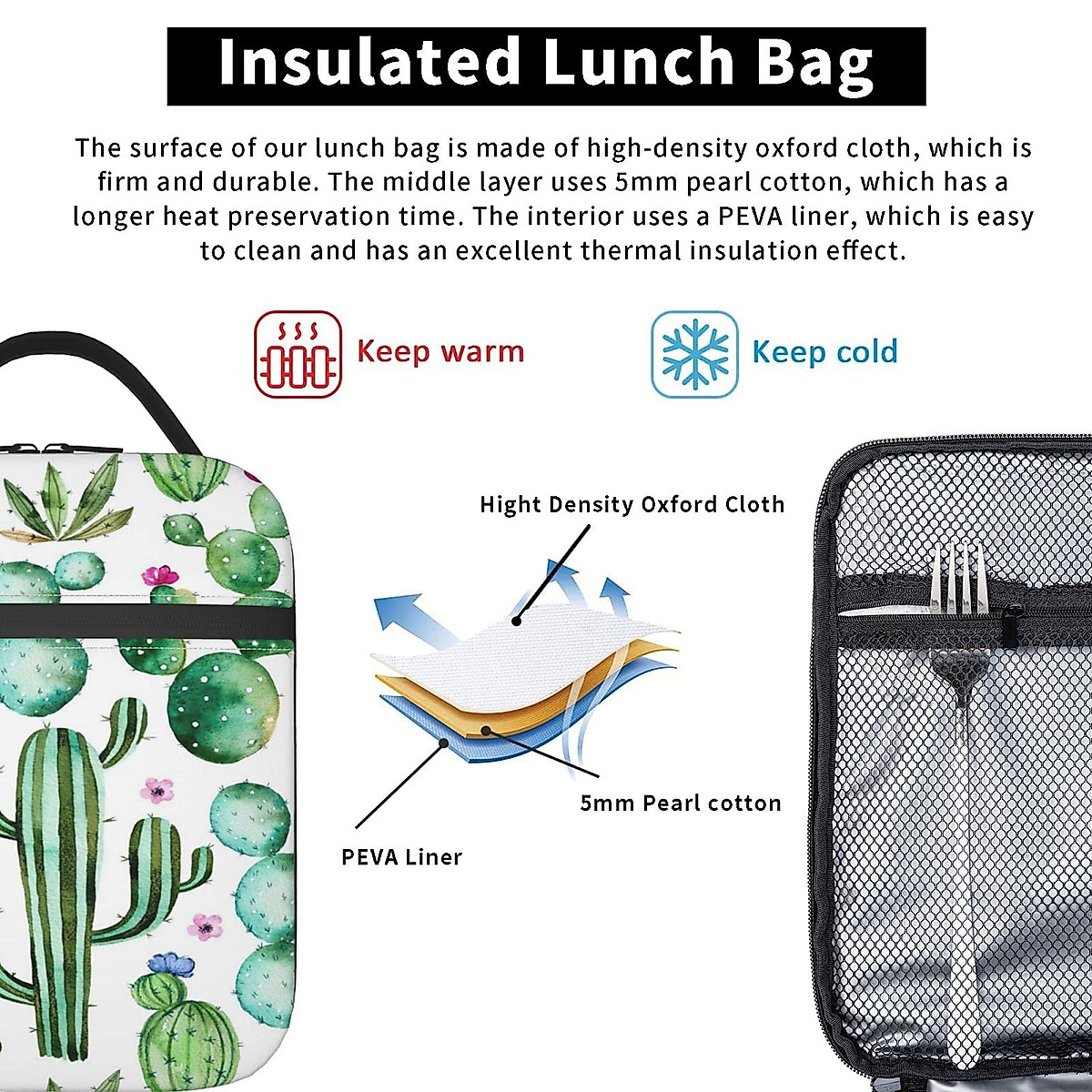 WJLKSJD Cactus Lunch Box Insulated Lunch Bag for Teen Girls Women Reusable Leakproof Cooler Flower Lunchbox Tote for Kids School Office Work Picnic Beach