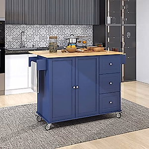 FEELLE Rolling Mobile Kitchen Island with Drop Leaf - Solid Wood Top, Locking Wheels & Storage Cabinet 52.7 Inch Width（Dark Blue）