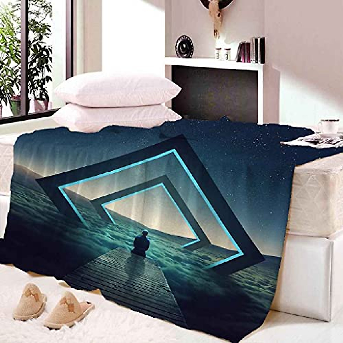 DALEM Soft Fleece Throw Blanket - Fluffy Microfiber Solid Blankets for Bed and Couch Double/Single Size - 59X79Inch Blue, Starry Wooden Bridge Printed Flannel Blanket for Bed, Couch and Sofa