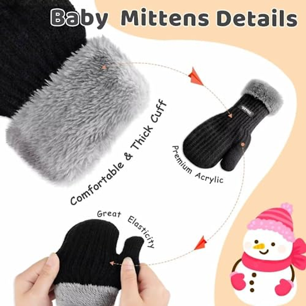 Baby Beanie Mittens Scarf Set Girls Boys, Toddler Winter Hat and Gloves Neck Warmer Set Knit Warm with Fleece Lining, Kids Cold Weather Accessories Sets for Children Infant(Black,6-36 Months)