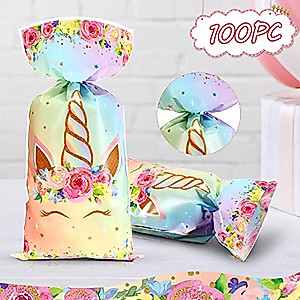 Zonon 100 Pieces Unicorn Cellophane Treat Bags, Pink Rainbow Gold Unicorn Theme Candy Goodie Favor Bags with 100 Silver Twist Ties Party Favor Pastel Bags for Girls Birthday Baby Shower Supplies