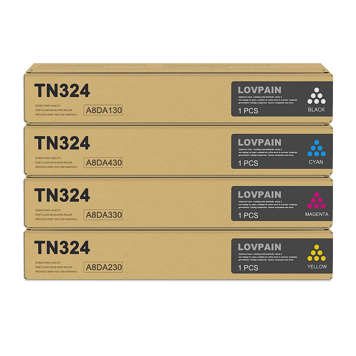 LOVPAIN TN-324 TN324 Toner Cartridges Set (4-Pack, Black/Cyan/Magenta/Yellow) - TN324K TN324C TN324M TN324Y Toner Cartridge Replacement for Konica Minolta Bizhub C258 C308 C368 Printer