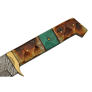 Szco Supplies 13"" Bone/Turquoise Handle Damascus Steel Bowie Blade Knife with Sheath, brown/turquoise (DM-1256)