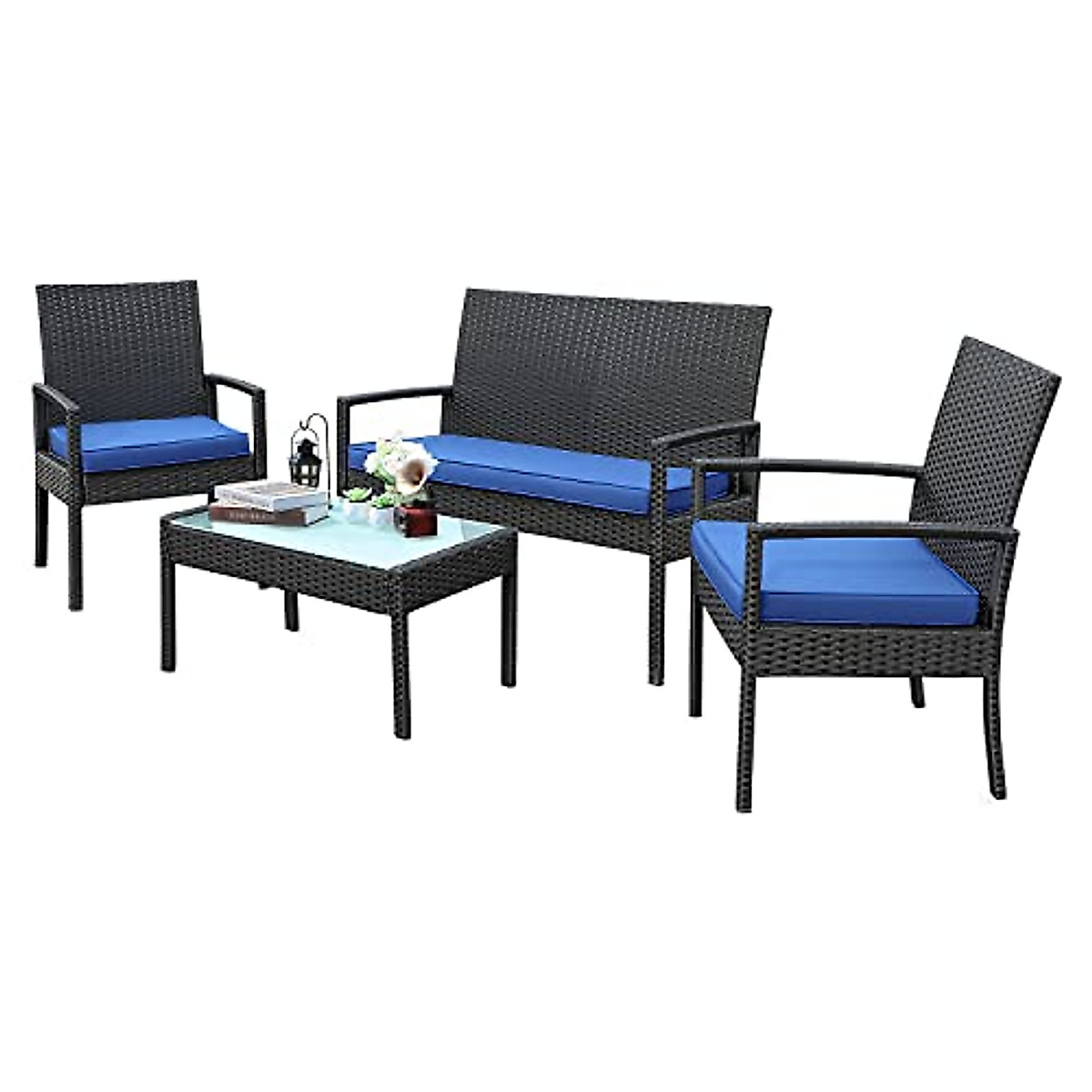 KAWIVAST 4 Pieces Patio Furniture Set, Wicker Patio Furniture Sets, PE Rattan Outdoor Furniture, Outdoor Conversation Sets, Deck Furniture Sets, All-Weather Patio Furniture