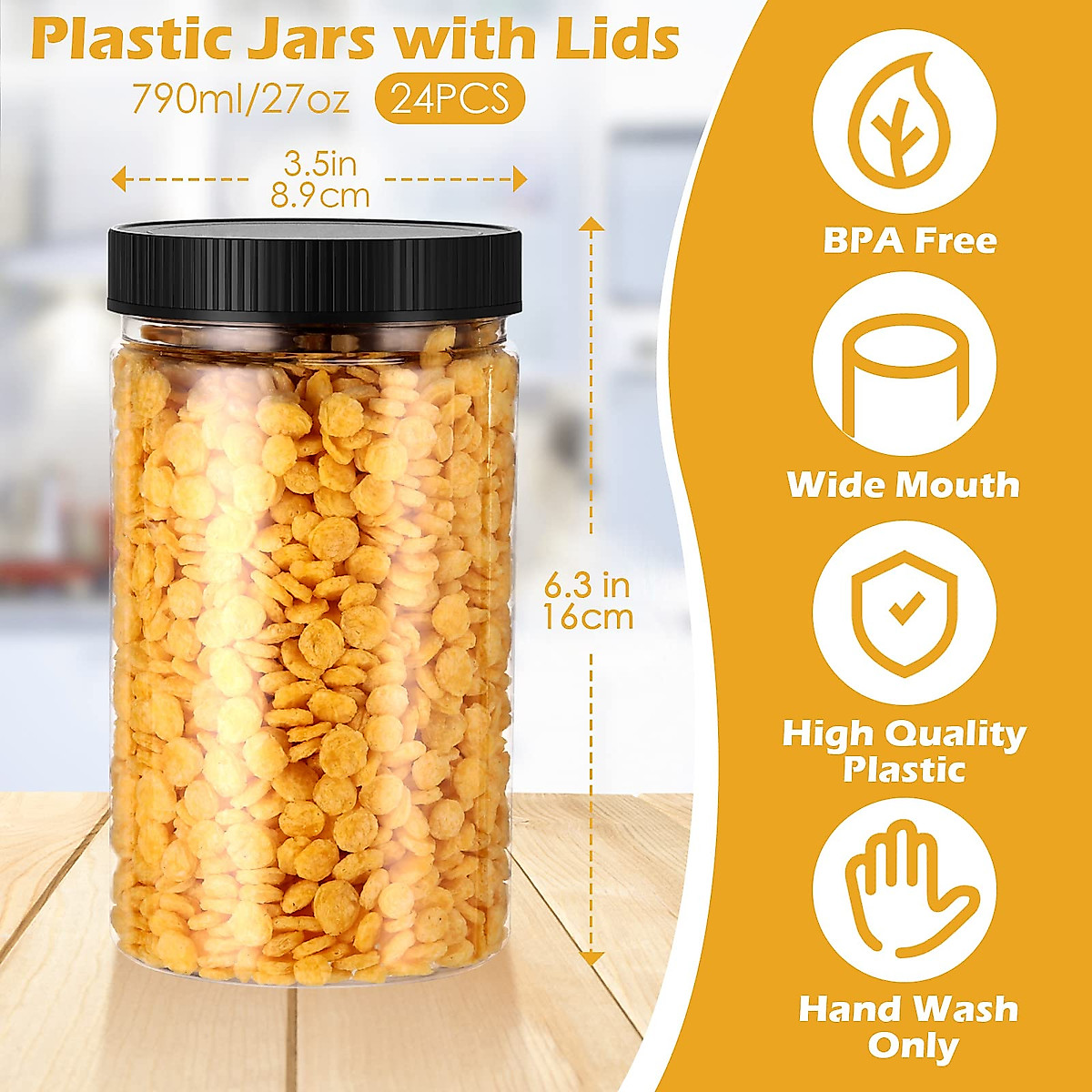 Sunnyray 24 Pieces 27 oz Clear Plastic Jars with Lids Airtight PET Plastic Containers Empty Wide Mouth Plastic Mason Jar with Black Screw on Lids for Food Kitchen Organizing Butter Cosmetics Cream