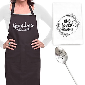 Grandma Gifts Set – 3Pc.,100% Cotton Grandma Apron with Matching Tea Towel and Engraved, Stainless Steel Tea Spoon – Great Grandmother Gifts for Grandma, Mothers Day or Grandma Birthday Gifts