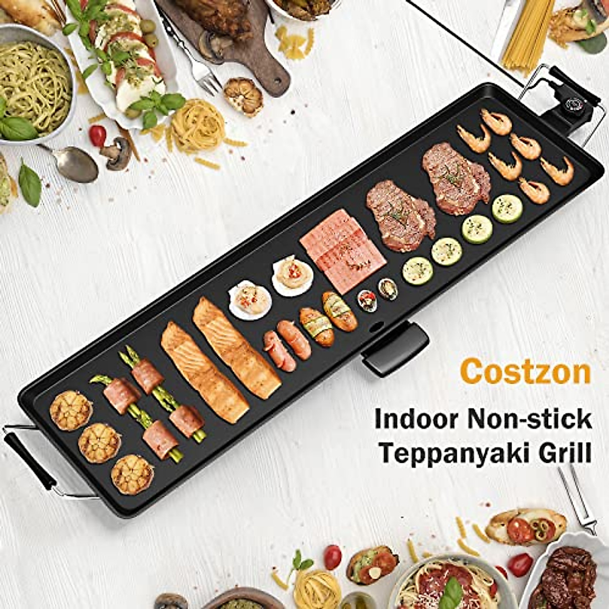 Costzon 35" Electric Griddle Teppanyaki Grill BBQ, Nonstick Extra Large Griddle Long Countertop Grill with Adjustable Temperature & Drip Tray, Indoor Outdoor Cooking Plates for Pancake Barbecue