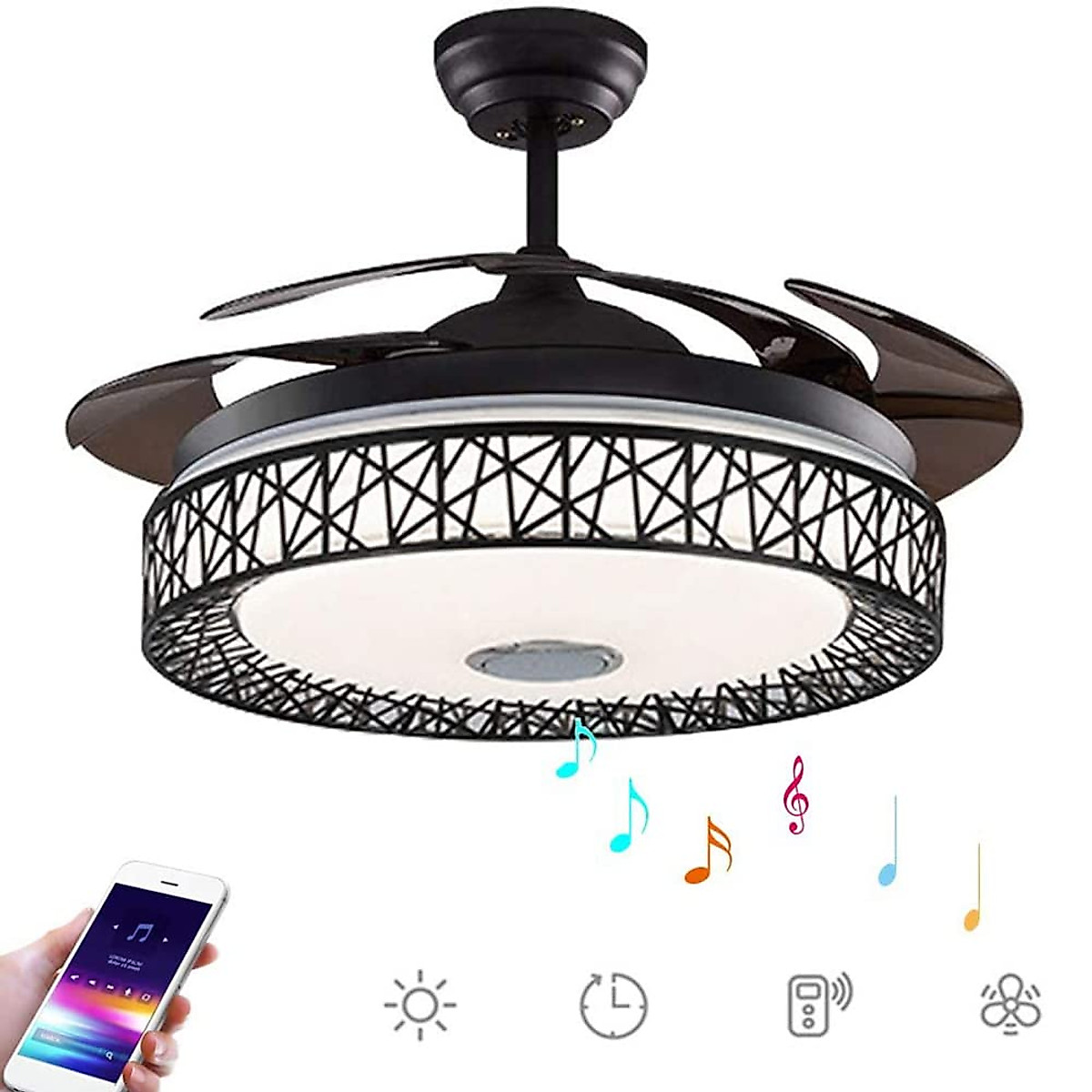 SenHome 42 Inch Ceiling Fan with Light and Remote LED Three-Light Retractable Blades with Bluetooth Speaker Music Ceiling Light for Living room/Restaurant/Hall