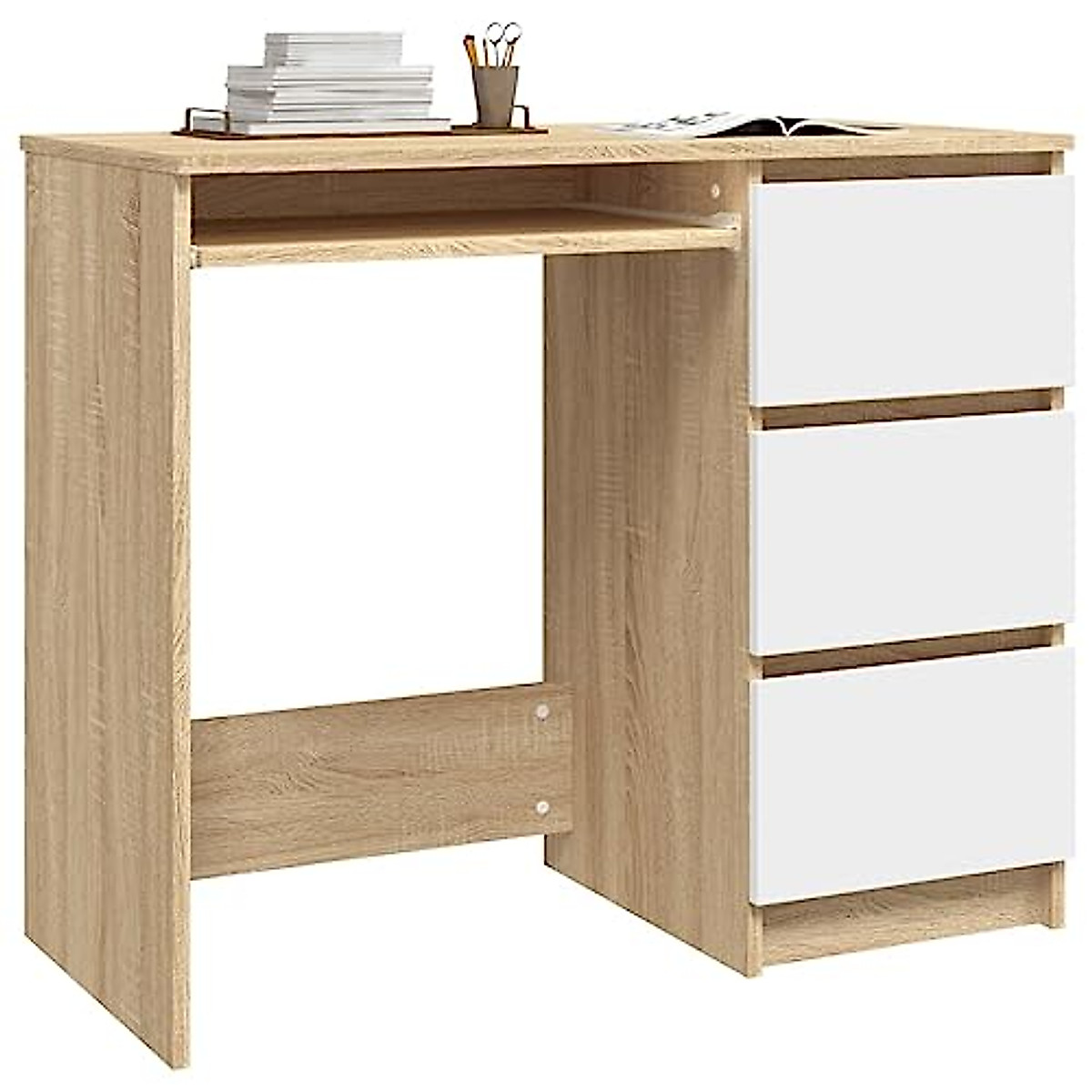 ULUYYUC Desk,Computer Desks Bedroom Desks Secretary Desk with Drawers Suitable for Home, Office, Bedroom, Conference Room, etc White and Sonoma Oak 35.4"x17.7"x29.9" Engineered Wood