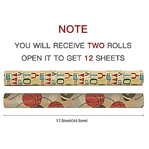 RUSPEPA Kraft Wrapping Paper Sheet - Football and Birthday Printed, Great for Boys, Baby Shower, Holiday - 12 Sheets Packed as 2 rolls - 17.5 x 30 Inch per sheet