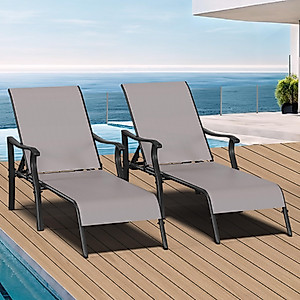 YITAHOME Pool Lounge Chair Set of 2, Chaise Lounge Outdoor w/5-Position Adjustable Backrest, Armrests, Weather Resistant & Easy to Assemble- Brown