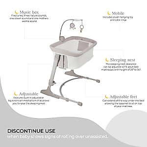 Arm’s Reach Versatile Co-Sleeper Bedside Bassinet Featuring Height-Adjustable Legs with Adjustable Feet, Mobile with Plush Hanging Toy, and Music Box that Plays 5 Tunes, Misty