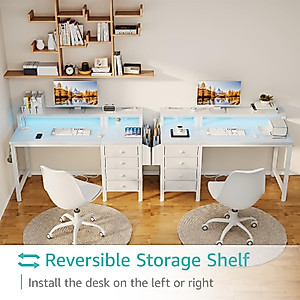 Lufeiya White Desk with 4 Drawers - 47 inch Gaming Desk with Monitor Stand, Computer Gaming Desk with LED Lights Power Outlets and Storage Bag Fabric Drawer for Home Office, Bedroom, White