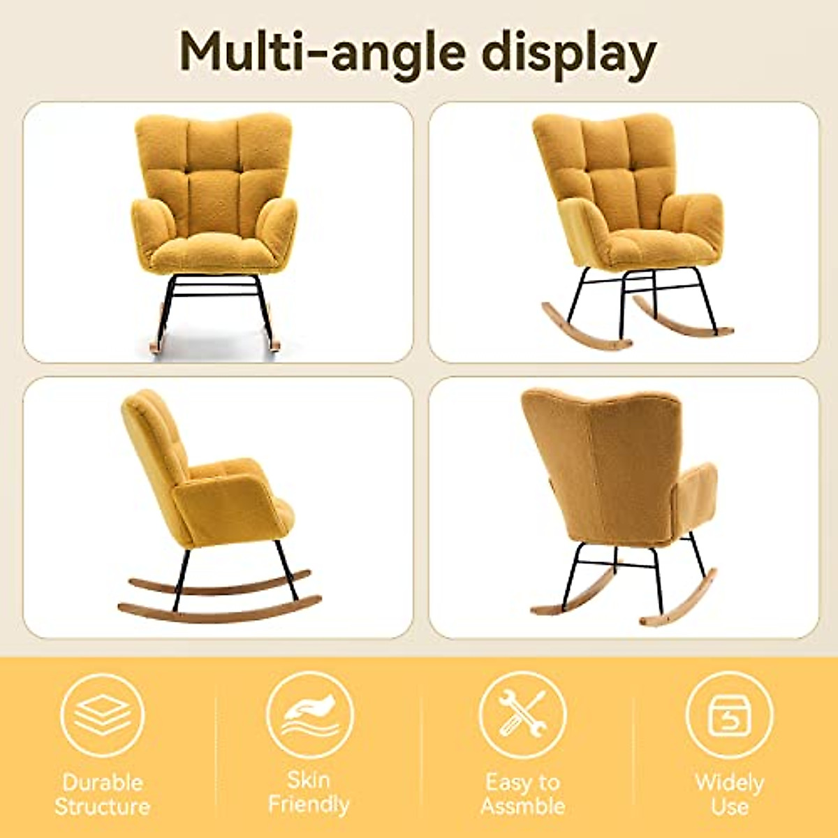 Nursery Rocking Chair Teddy Fabric Padded Seat with High Backrest and Armrest Accent Chair Upholstered Armchair Single Sofa Accent Glider Rocker for Living Room Bedroom Offices (Yellow Teddy)