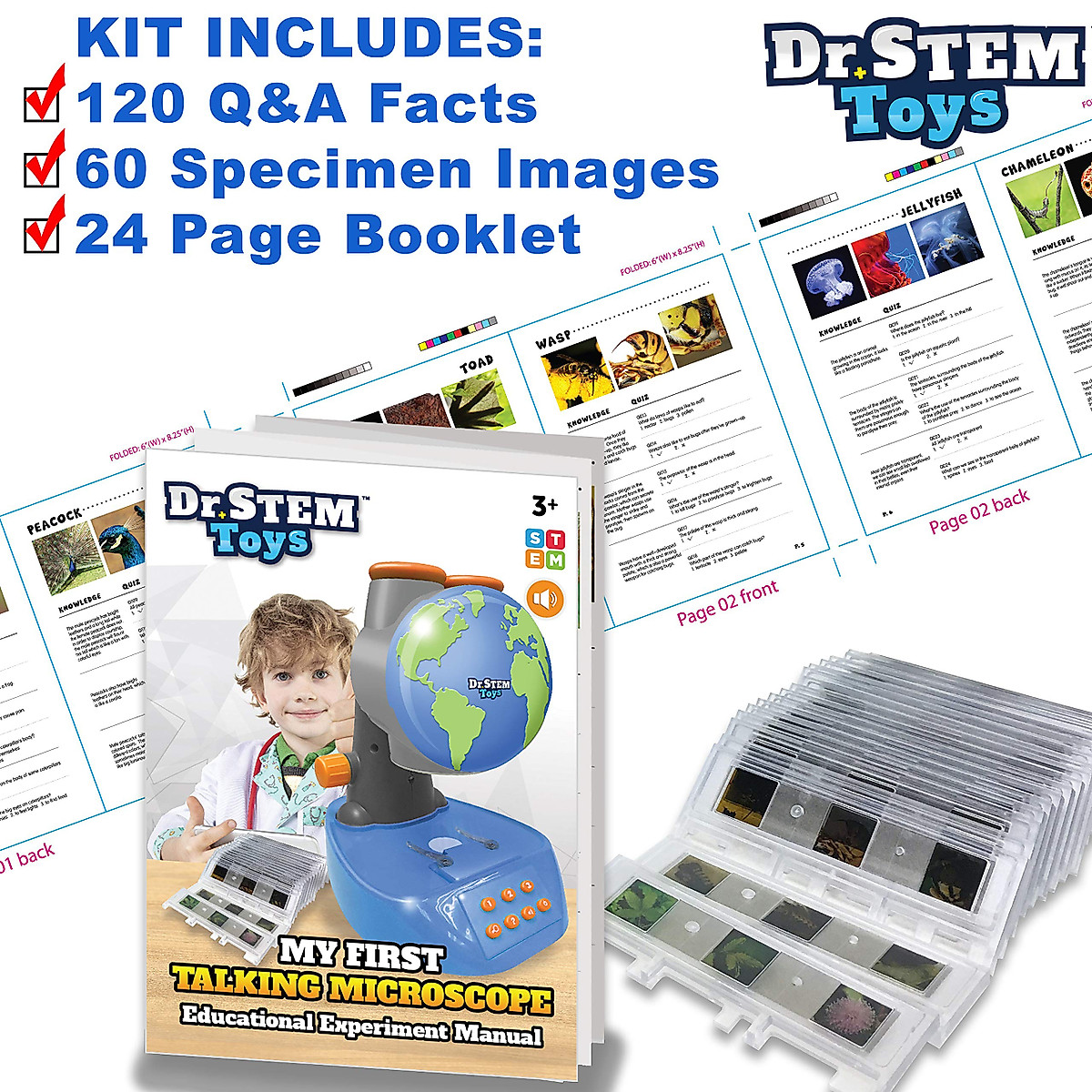 Dr. STEM Toys - Talking Microscope for Kids with Twenty Slides Containing Sixty Specimens, Over 120 Quiz Facts, Adjustable Focus, and Light-Up Platform