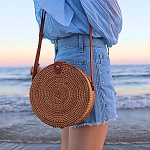 Handwoven Round Rattan Bag for Women Bali Ata Straw Bags Adjustable Shoulder Leather Straps