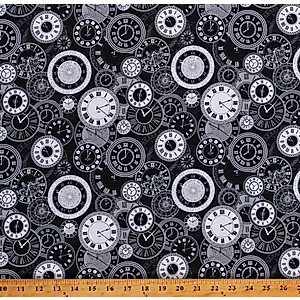 Cotton Clocks Time Vintage-Look White Clocks on Black Cotton Fabric Print by The Yard (1121-3068BLACK)